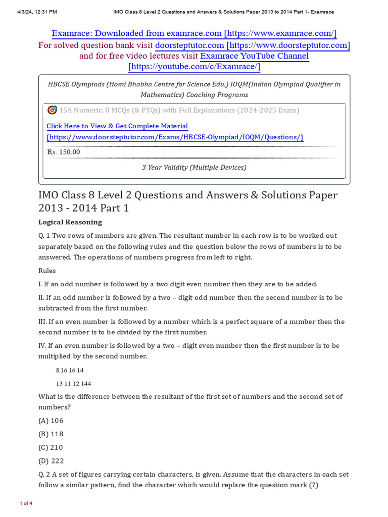 IMO Class 8 Level 2 Q&A 2013-2014 | PDF | Numbers | Ephemera