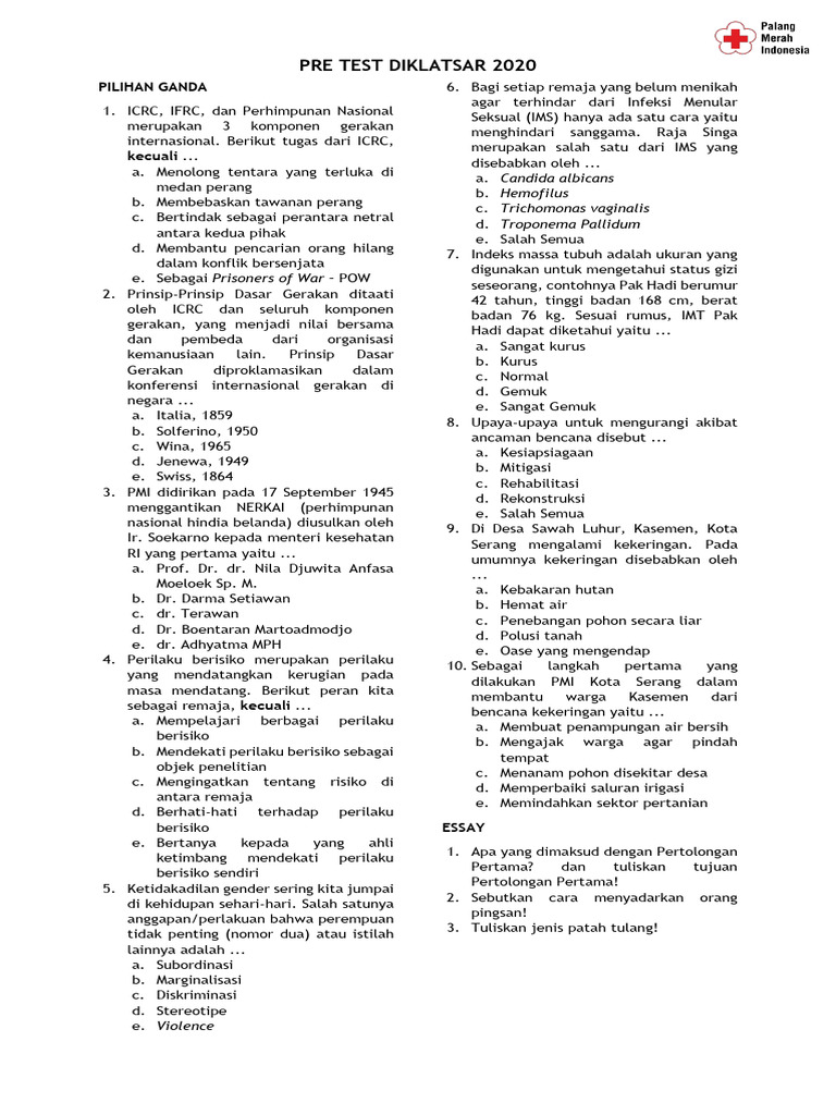 Pre Test Diklatsar Pmr Pmi | PDF