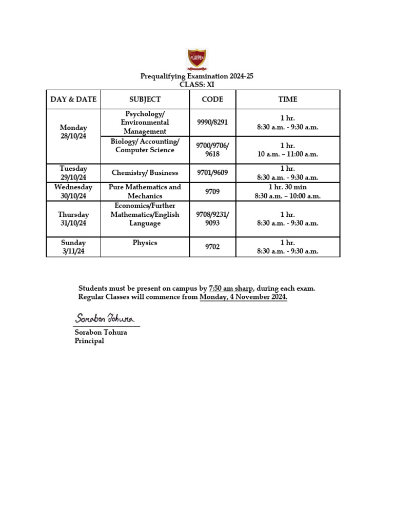 Prequalifying Examination 2024 Routine Class XI | PDF