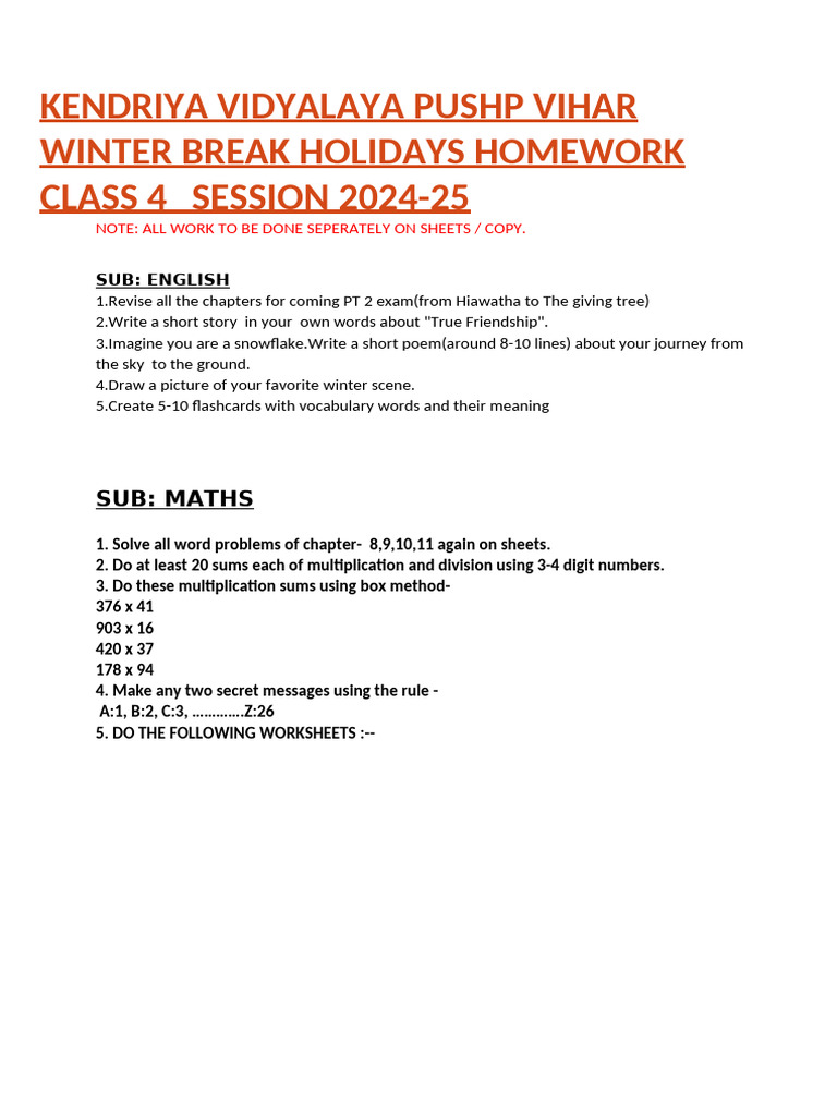 Class 4.winter Holiday Homework | PDF
