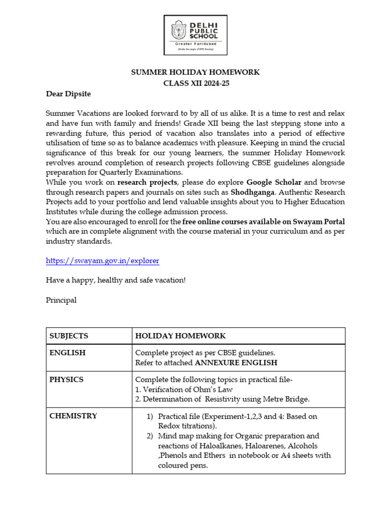 Summer Holiday Homework-Class Xii | PDF | Sports