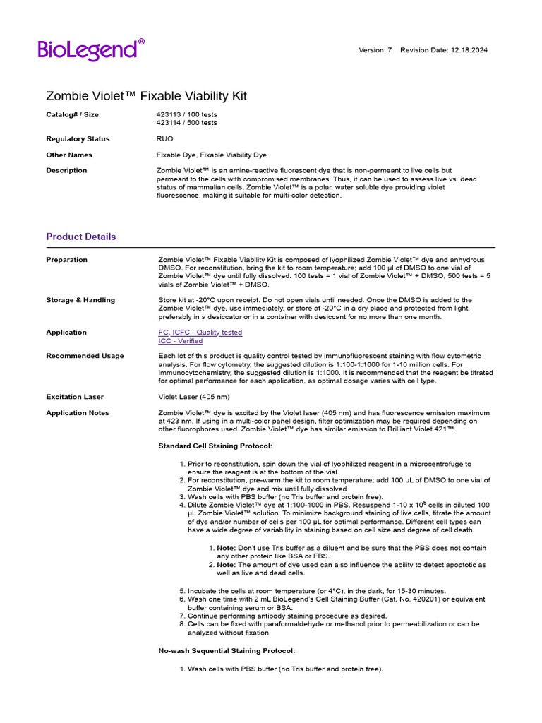 Zombie Violet Fixable Viability Kit 9341 | PDF | Staining | Flow Cytometry