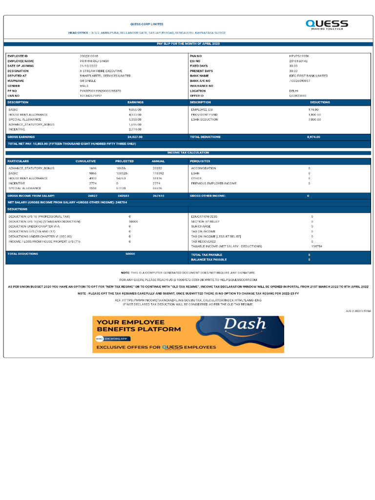 Prithvi - Raj - Singh - April 2023 - Salary Slip - April-2023 | PDF