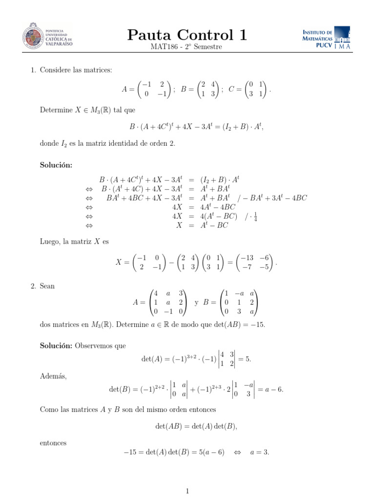 Control 1 MAT186 2-2018 | PDF | Álgebra | Álgebra lineal