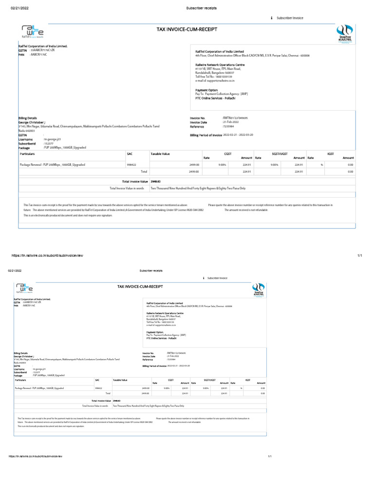 Railwire Subscriber Invoice Receipt | PDF | Receipt | Payments