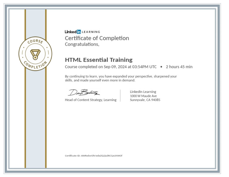 CertificateOfCompletion - HTML Essential Training | PDF