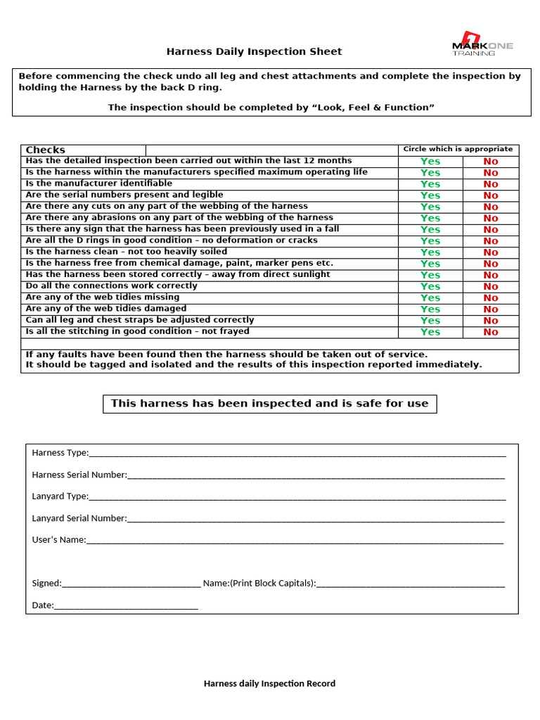 Daily Safety Harness Inspection Checklist | PDF