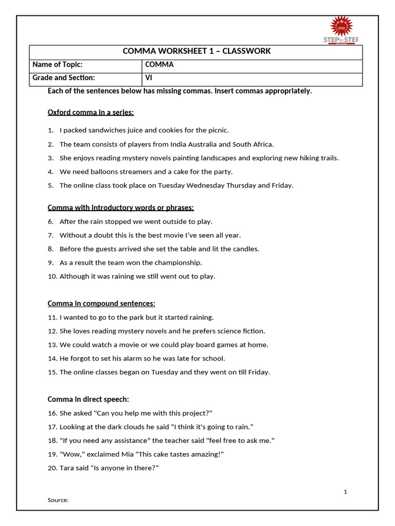 Grade 6 Comma Practice Worksheet | PDF