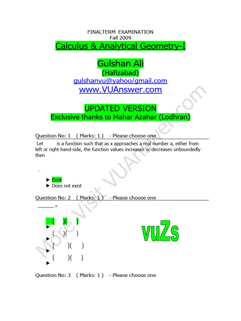 Calculus Final Exam Questions 2009 | PDF | Sequence | Function ...