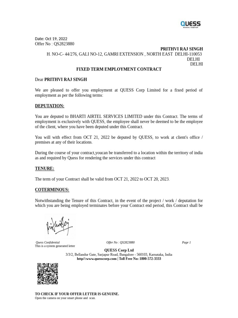 Quess Offer Latter Prithvi Raj Singh Dol-3 | PDF | Employment | Private Law