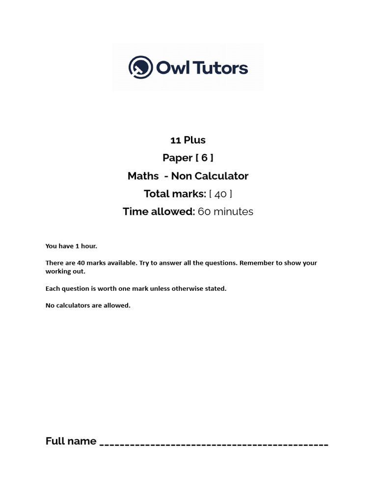 11 Plus Maths Non-Calculator Exam | PDF | Triangle | Elementary Geometry
