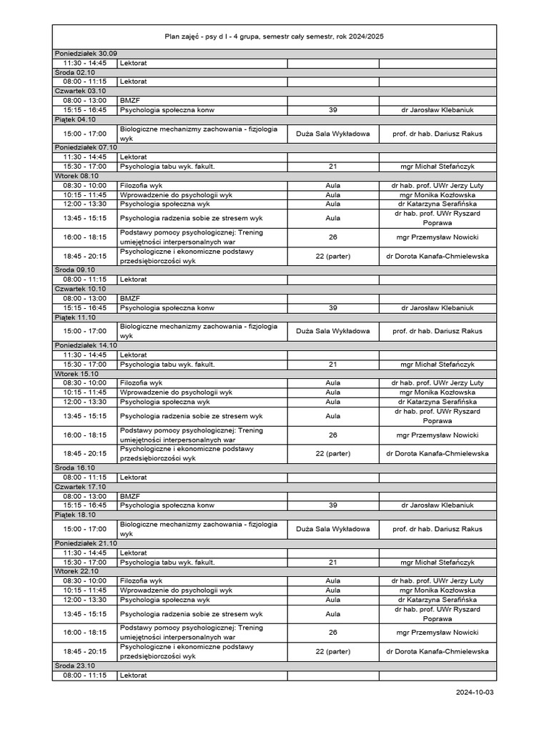 Plan Uwr Semestr 1 | PDF