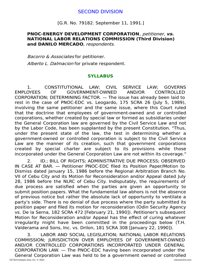PNOC EDC V NLRC, GR 79182, 11 September 1991, 201 SCRA 487 | PDF ...