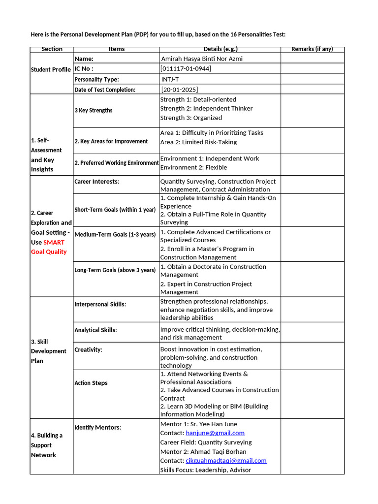 Personal Development Plan Template | PDF | Mentorship | Goal