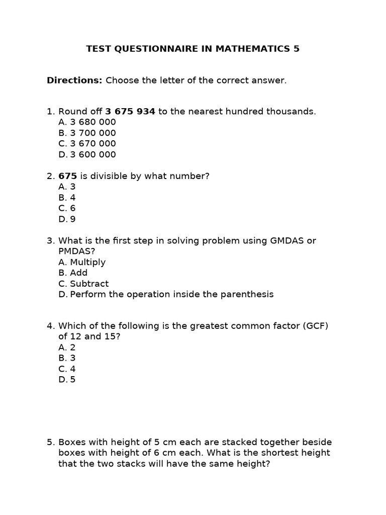 Test Questionnaire in Mathematics 5 | PDF | Mathematics | Arithmetic