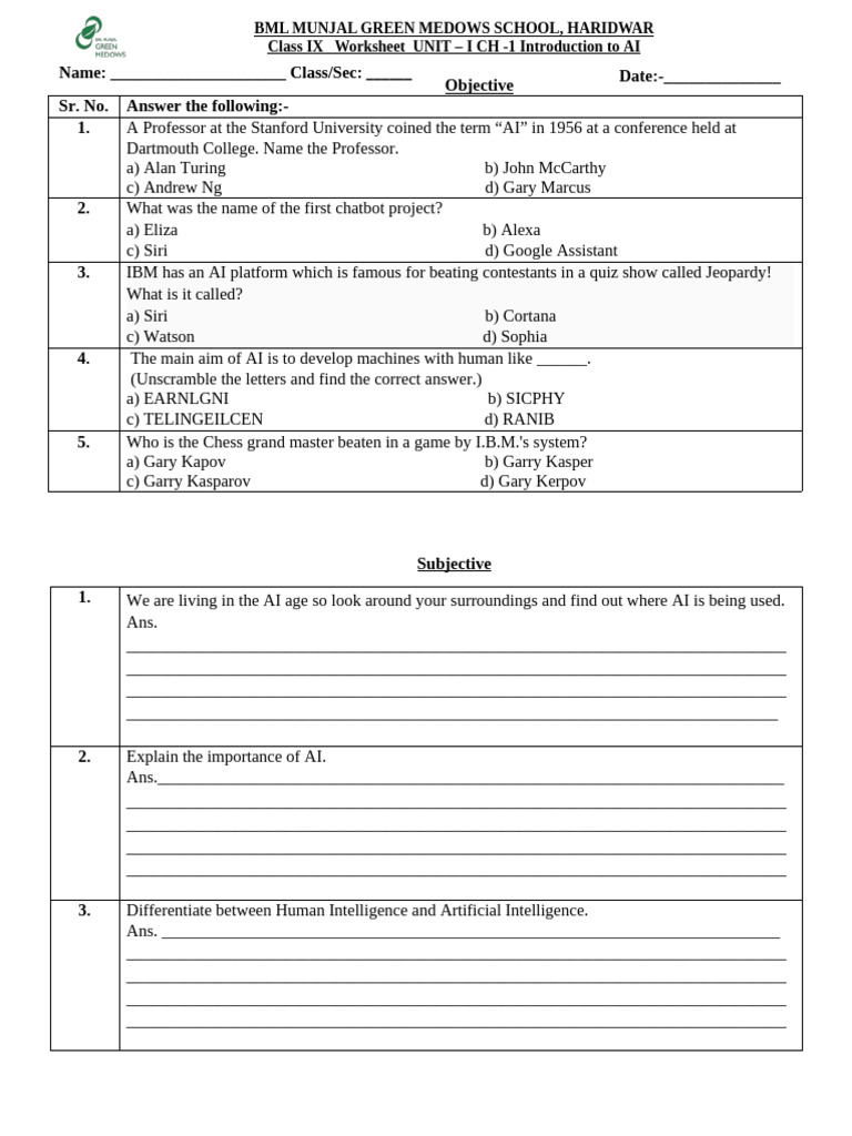 Class 9 AI Chapter 1 Worksheet | PDF | Artificial Intelligence ...