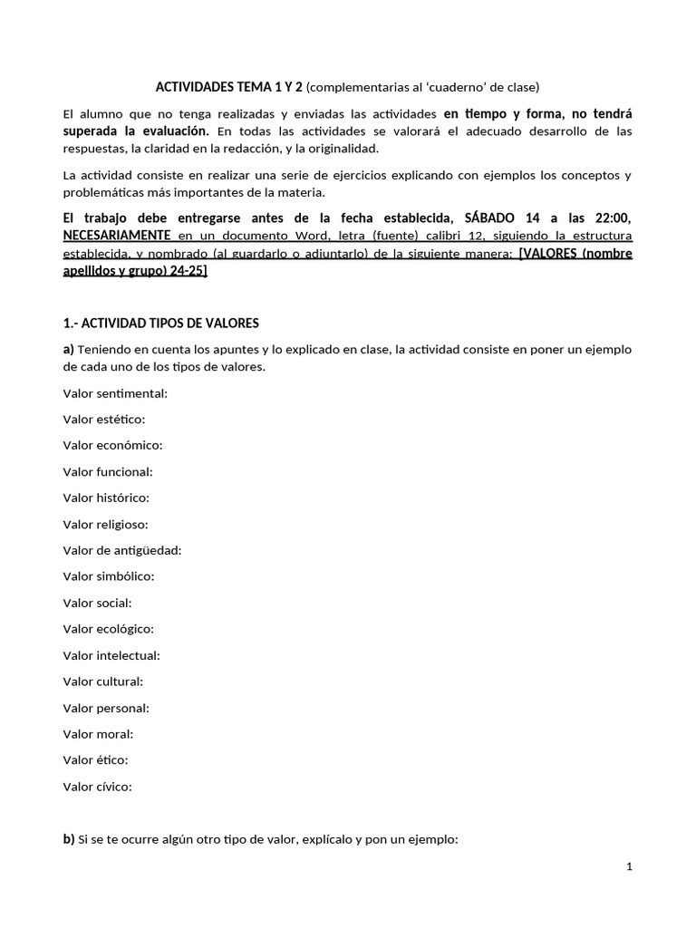 Actividades Valores 1 Evaluación 24-25 | PDF | Evaluación