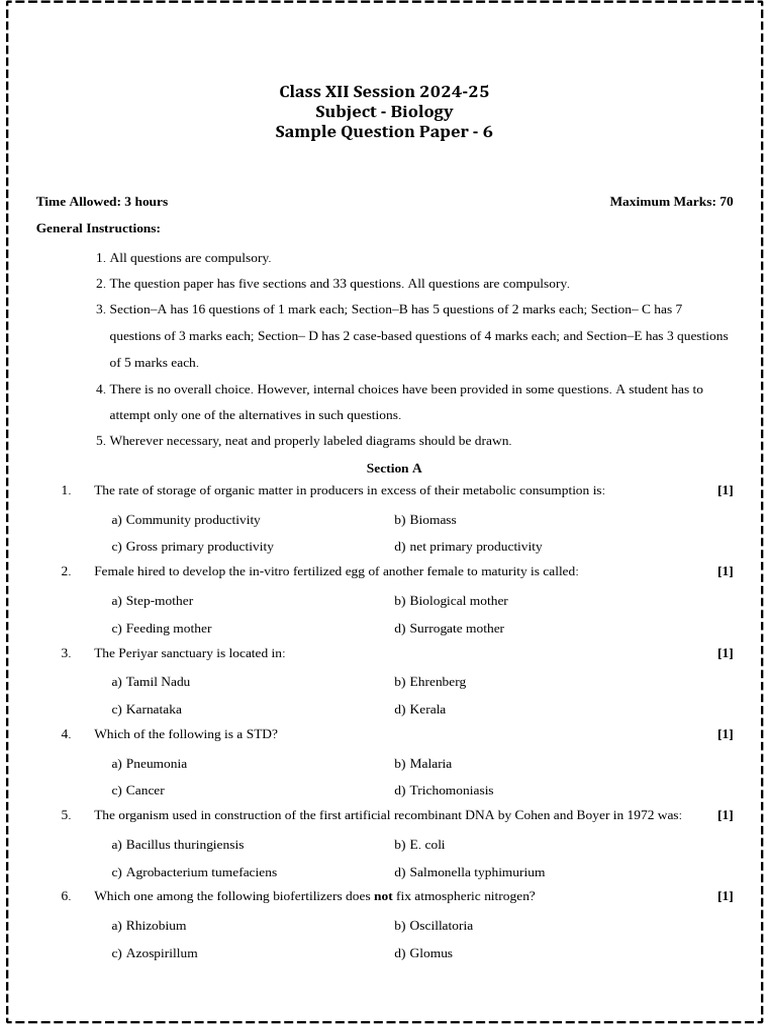 Sample paper biology 06 | PDF | Recombinant Dna | Immune System