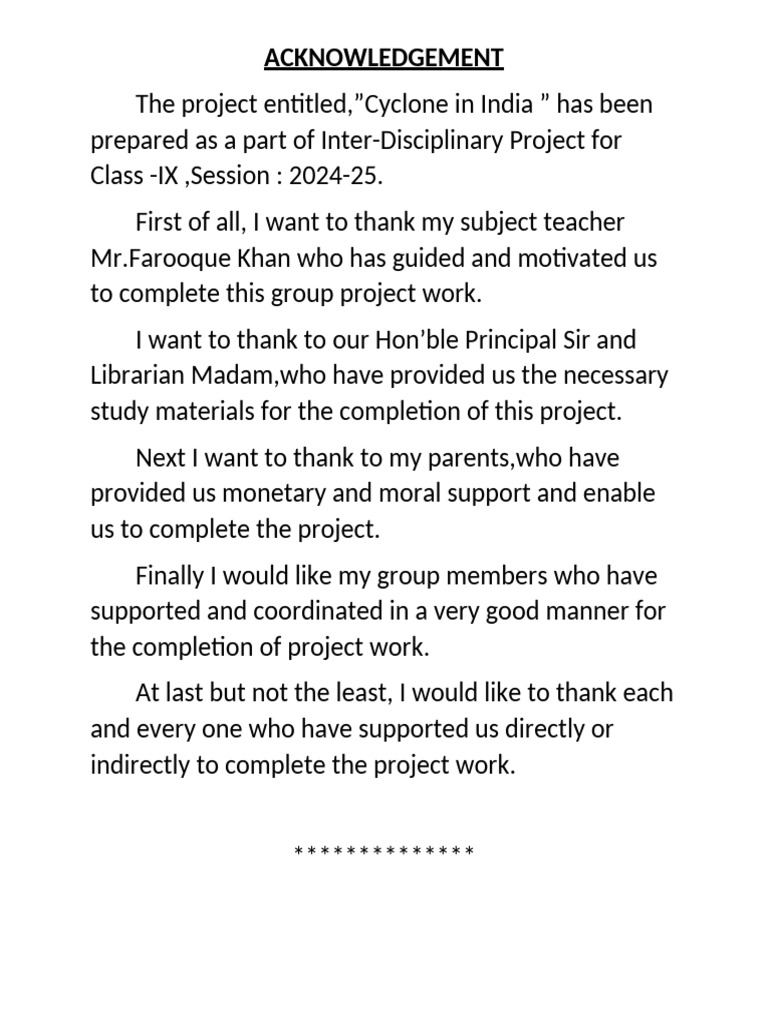 Class IX Cyclone Project Acknowledgment | PDF