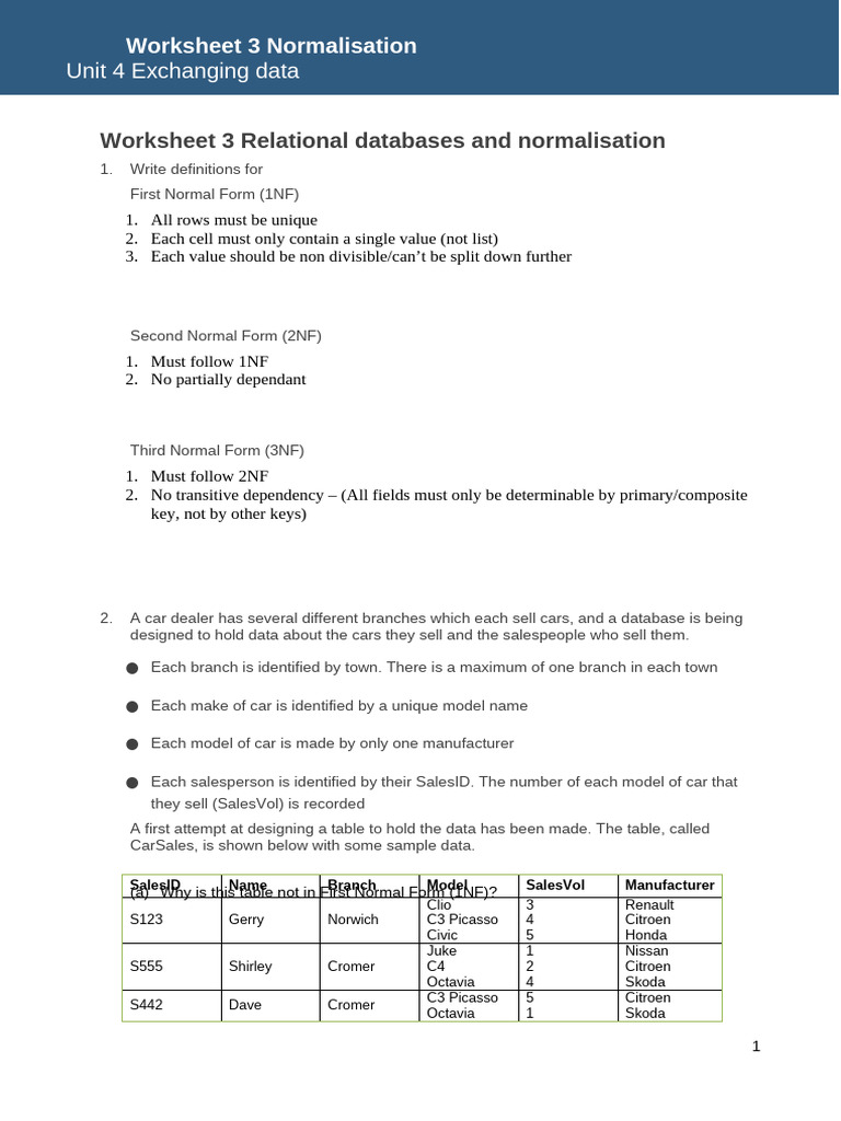 Data Types Worksheet 3 Relational Databases and Normalisation | PDF | Information Technology ...