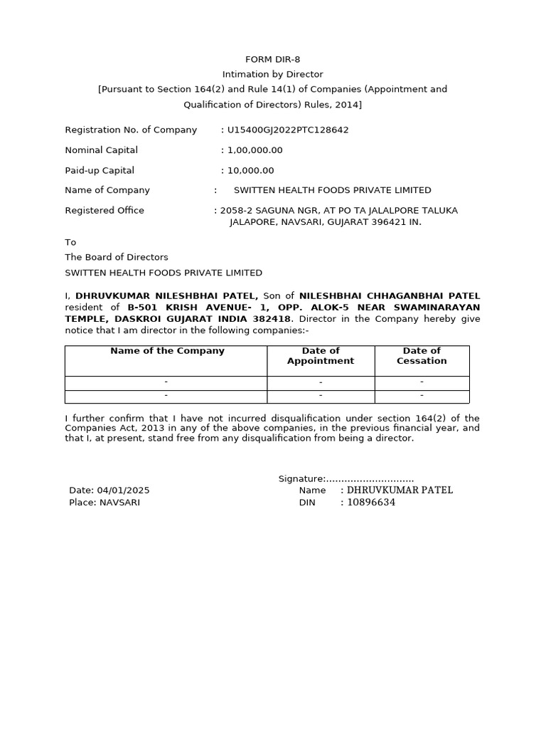 Director Disqualification Intimation | PDF
