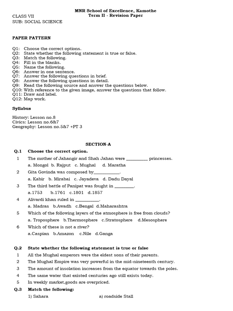 Term-2 Class 7 SST Revision Paper | PDF | Mughal Empire | Earth Sciences