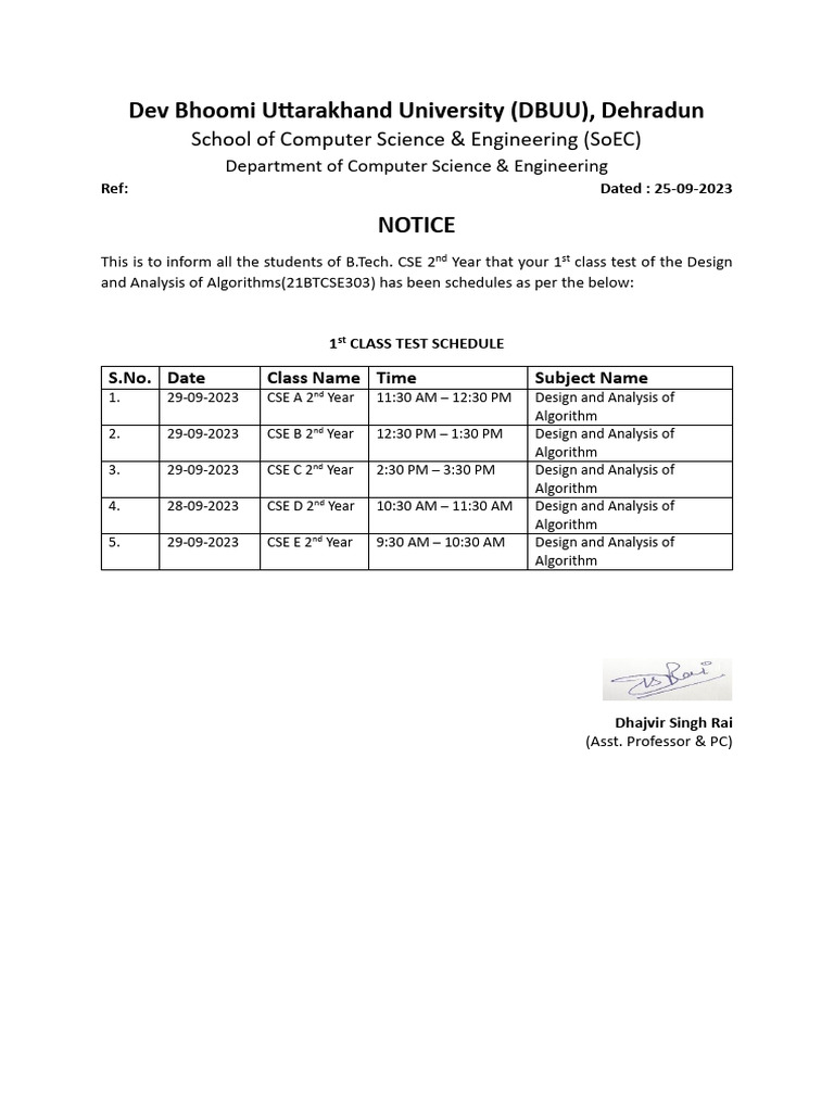 1st Class Test Schedule | PDF