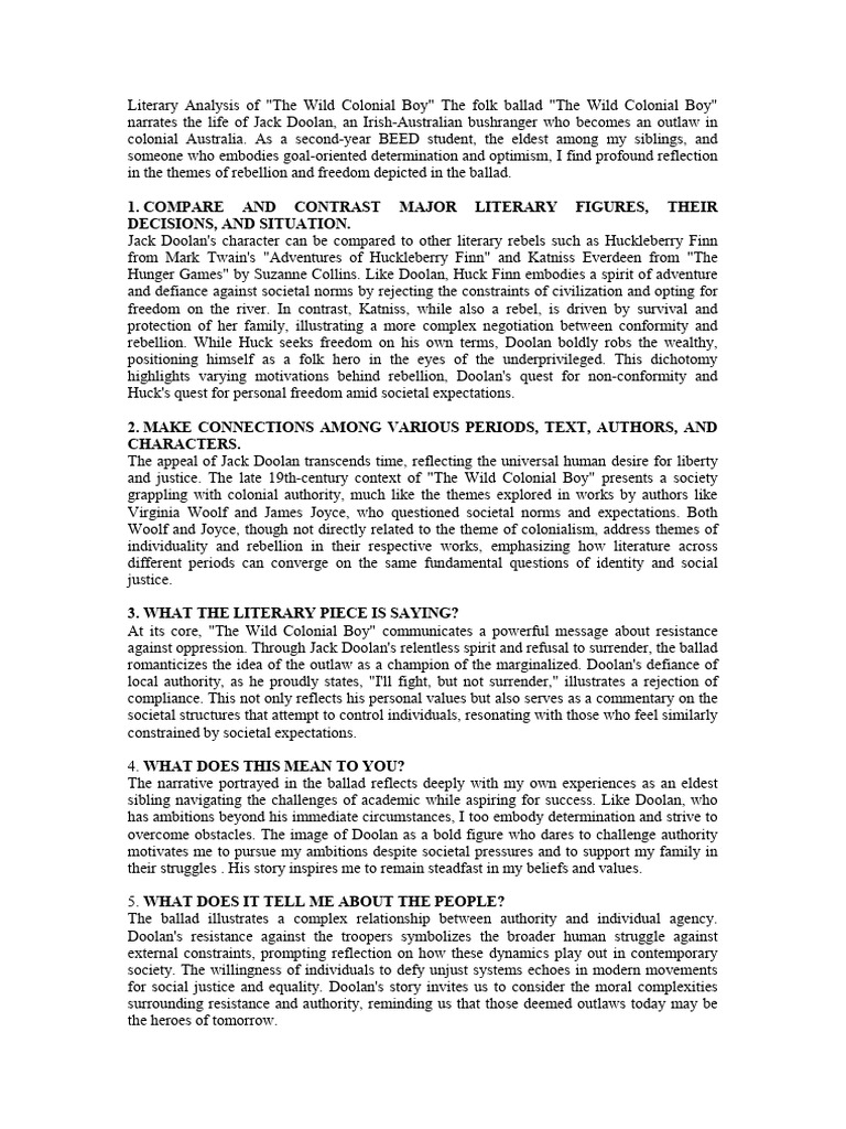 LITERARY ANALYSIS-the Wild Colonial Boy-Cydrick | PDF | Huckleberry ...