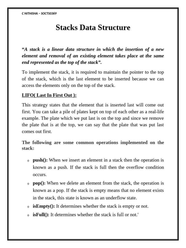 Stacks Data Structure | PDF | Queue (Abstract Data Type) | Pointer (Computer Programming)