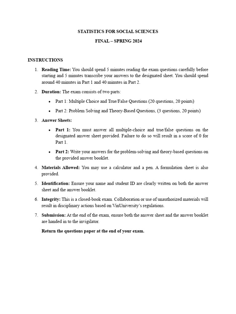 Final Exam Statistics For Social Sciences 6.2024 | PDF | P Value ...