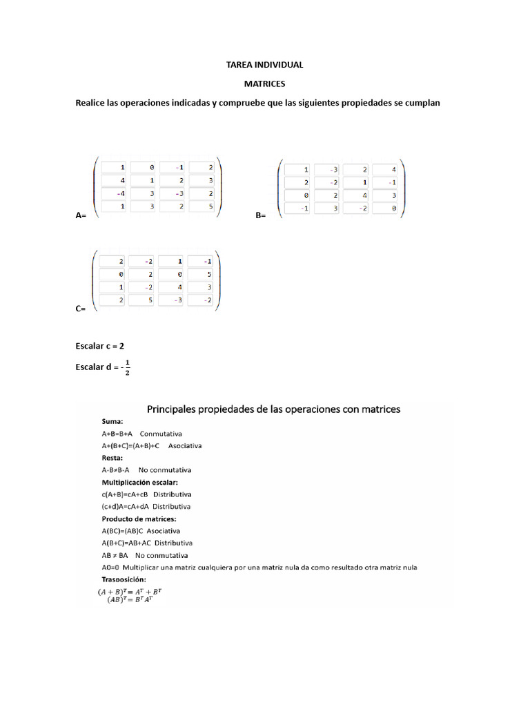 Tarea Propiedades de Las Operaciones Entre Matrices | PDF