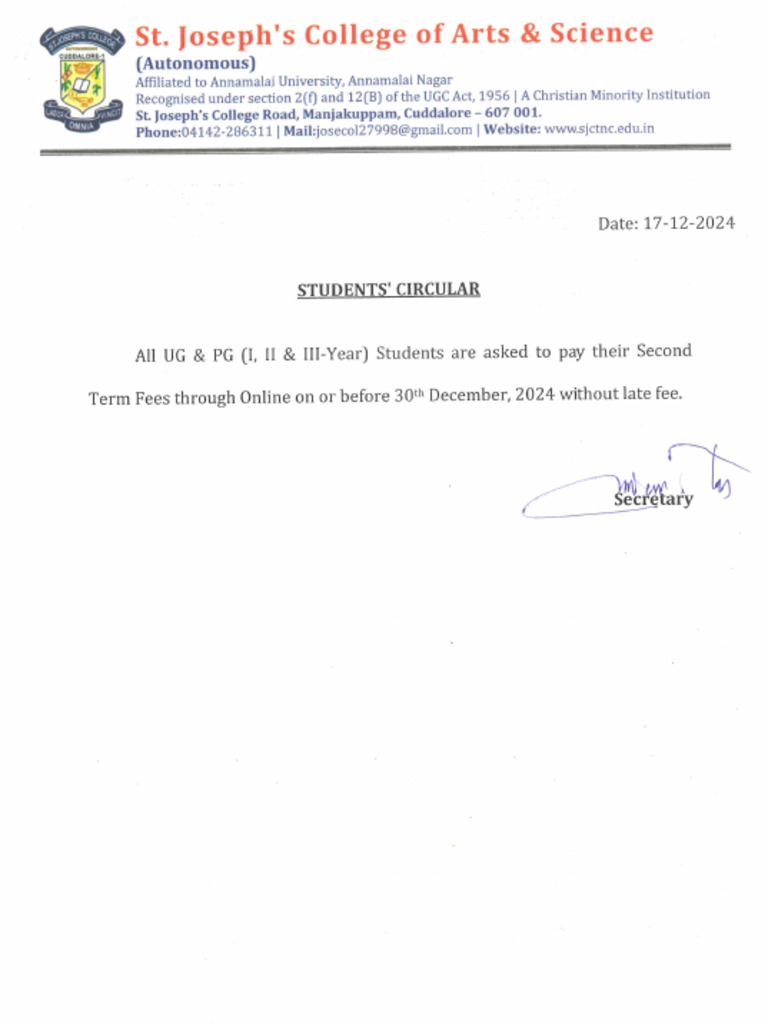 Circular - II-term Fees | PDF
