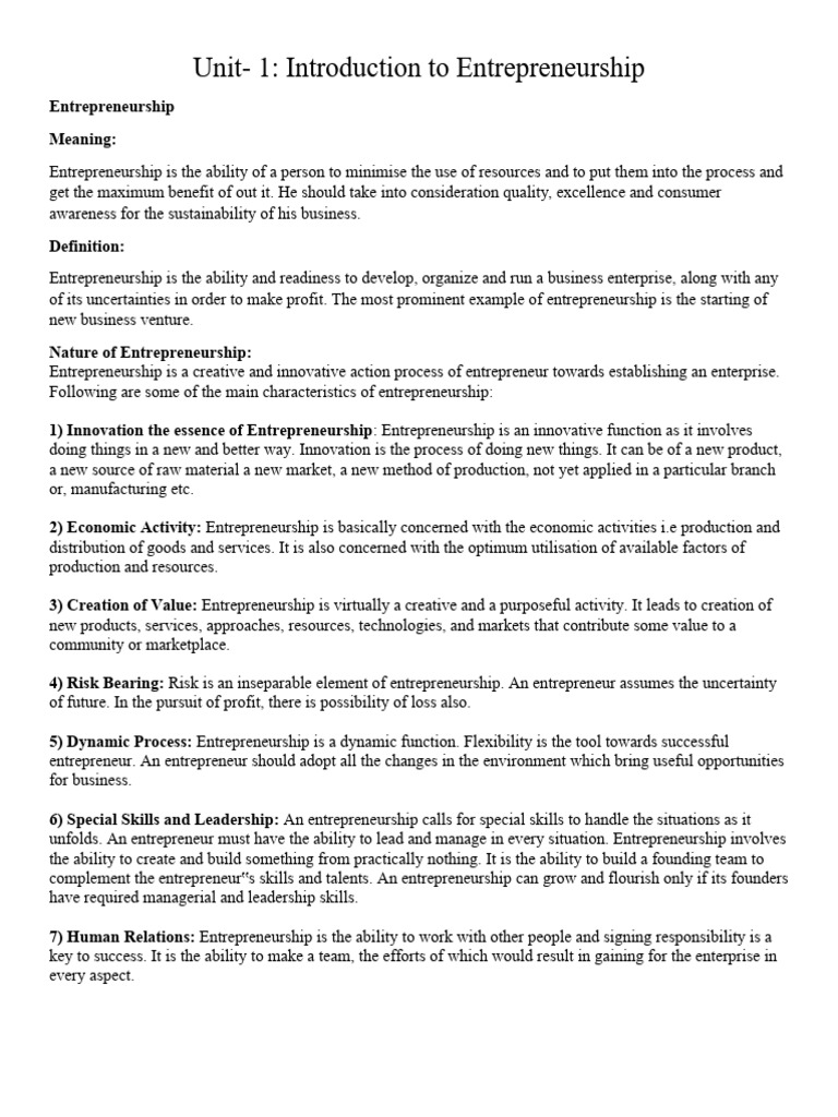 ED - Unit 1 | PDF | Entrepreneurship | Risk