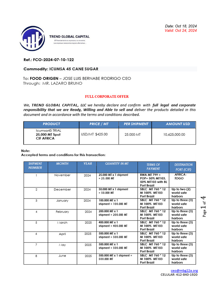 ICUMSA 45 Sugar Sale Offer 2024 | PDF | Letter Of Credit