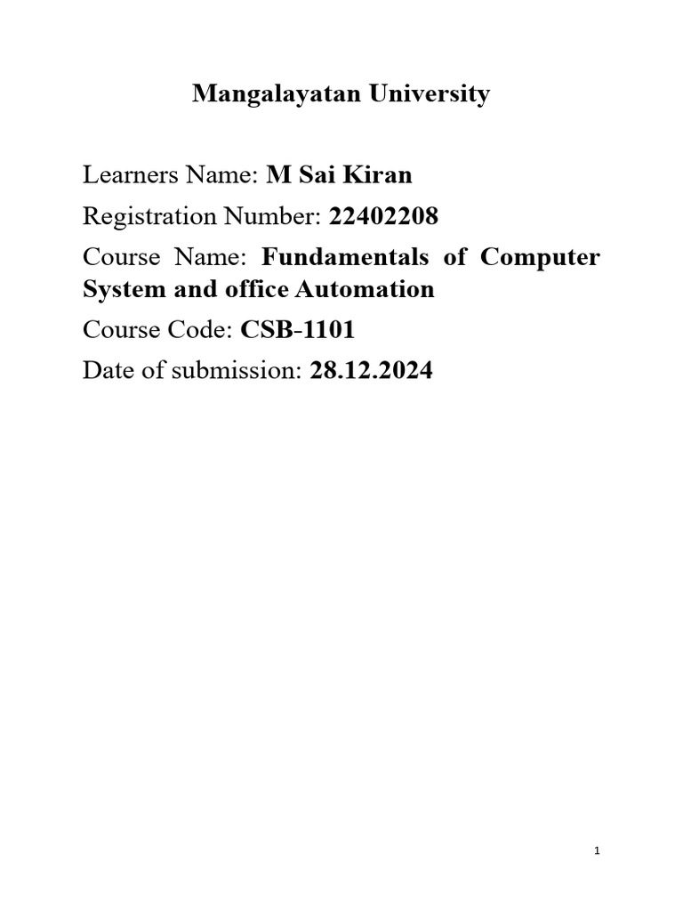 M Sai Kiran - CSB-1101-Jul' 24 Assignment | PDF | Data | Microsoft Word