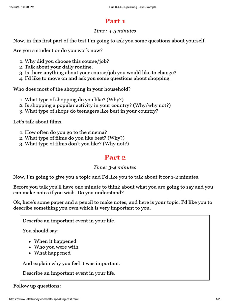Full IELTS Speaking Test Example | PDF