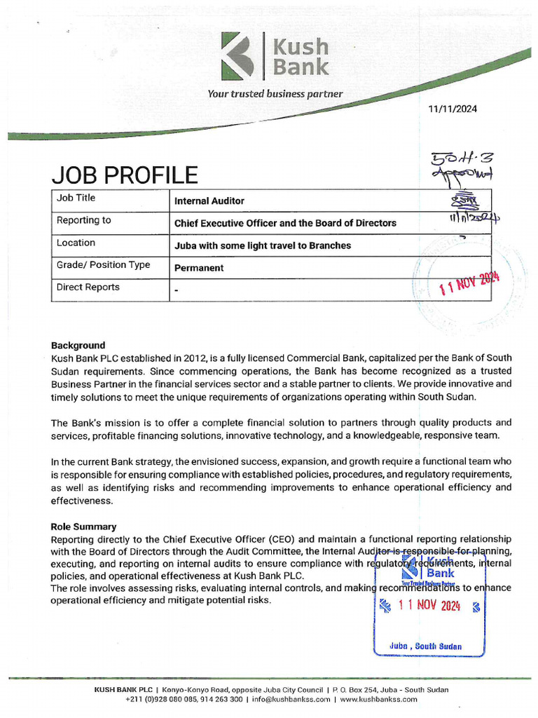 Advert - Internal Auditor Kush Bank PLC | PDF