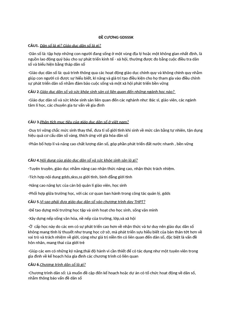 Đề Cương Gdsssk CÂU1 | PDF