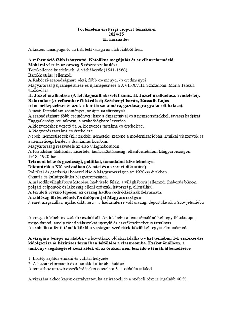 Vizsga Témakörök 2. Harmad Történelem Érettségi Csoport | PDF