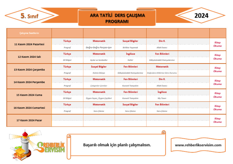 2024 5.sinif Kasim Ara Tatili Calisma Plani | PDF