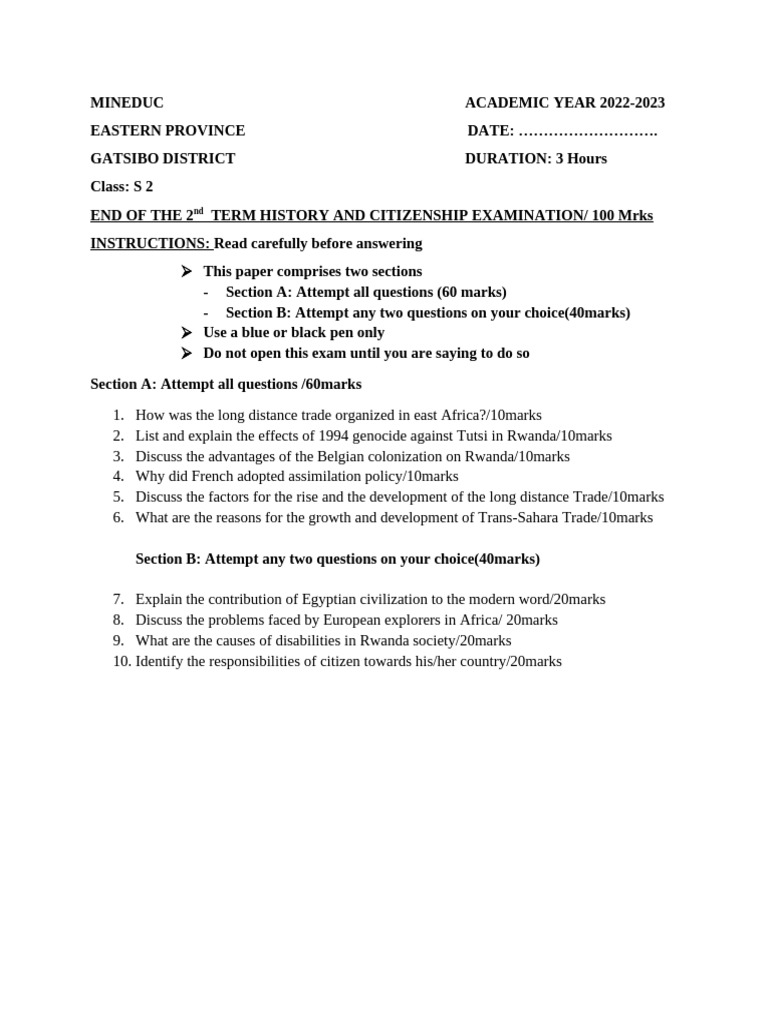 S2 History Exam Paper 2022-2023 | PDF