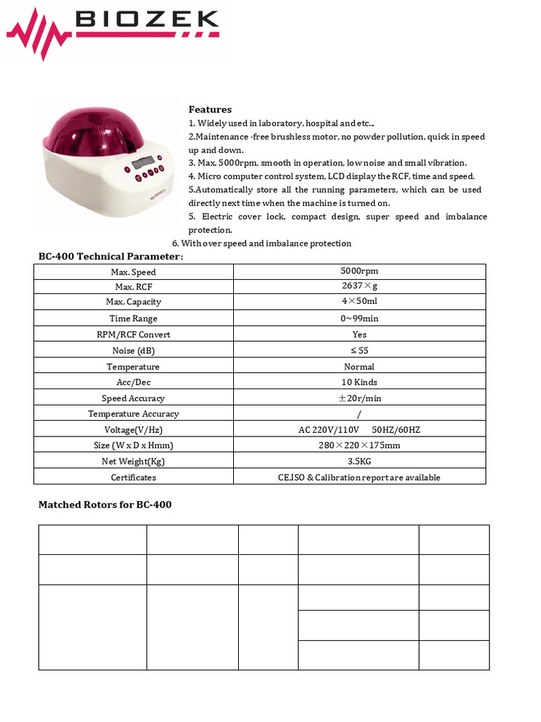 Catalog of BC400 Centrifuge 1 2 | PDF | Centrifuge | Manufactured Goods