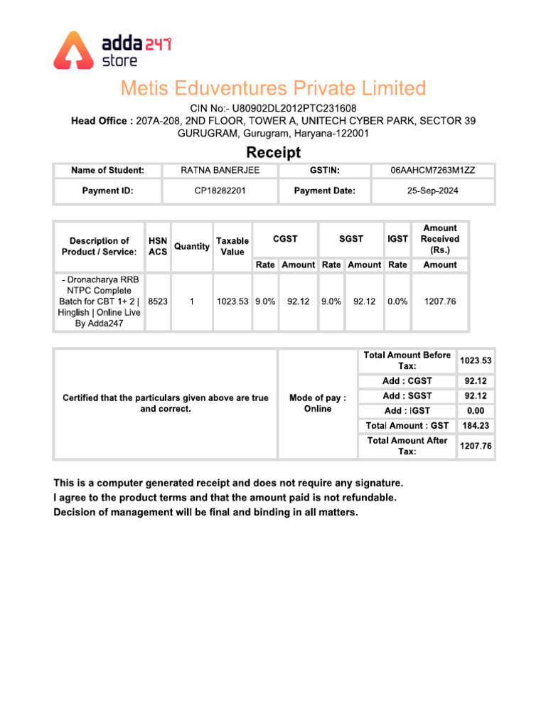 Adda 247 Invoice | PDF