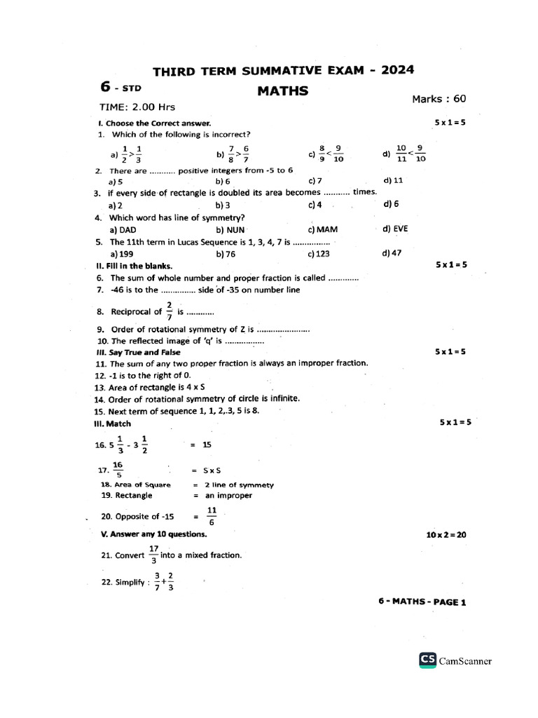 6th Maths Term 3 Exam April 2024 Question Paper English Medium PDF ...
