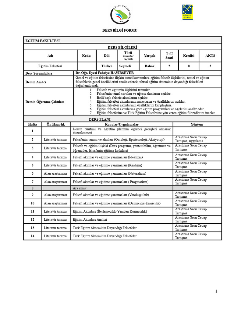 EĞİTİM FELSEFESİ -DERS BİLGİ FORMU | PDF