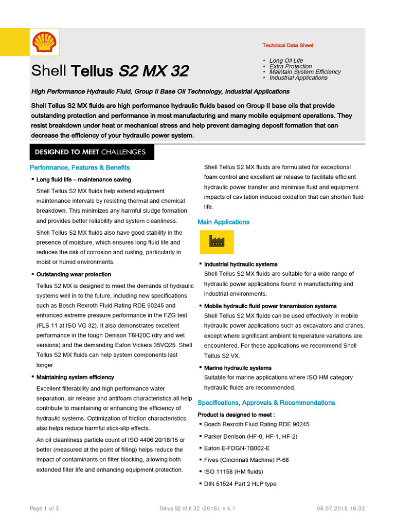 Shell Tellus S2 MX 32 Datasheet | PDF | Viscosity | Materials
