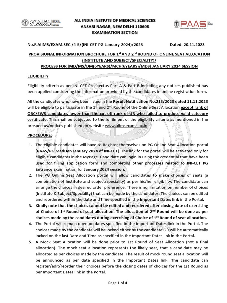 INI CET January 2024 Seat Allocation Guide | PDF | Doctor Of Medicine ...