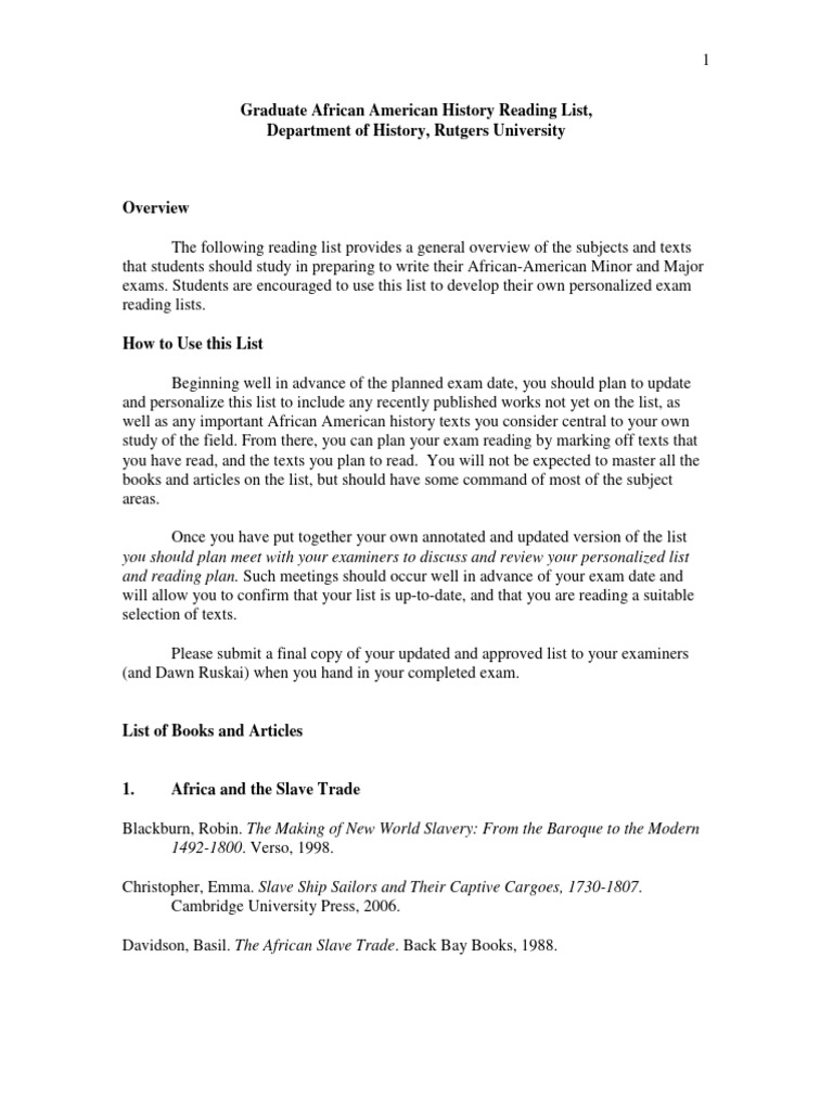 Graduate Reading List: African American History | PDF | Slavery In The ...
