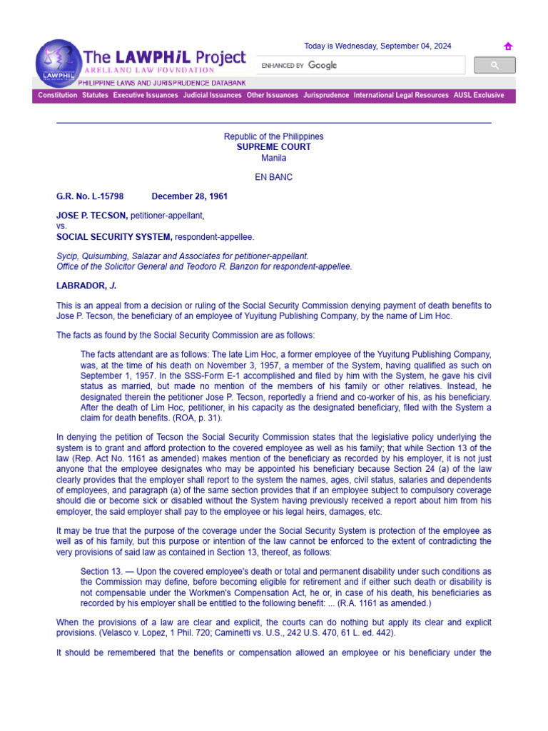 G.R. No. L-15798 Tecson vs. Social Security System | PDF | Employment | Social Security (United ...