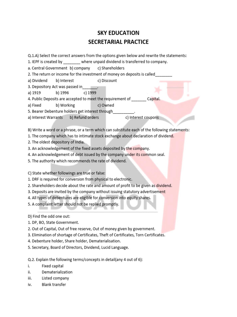 SP PRACTICE PAPER | PDF | Stocks | Dividend